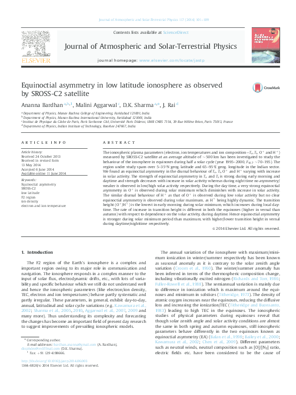 (PDF) Equinoctial asymmetry in low latitude ionosphere as observed by ...