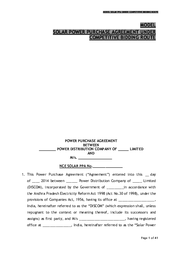 (PDF) MODEL SOLAR PPA UNDER COMPETITIVE BIDDING ROUTE MODEL SOLAR POWER ...