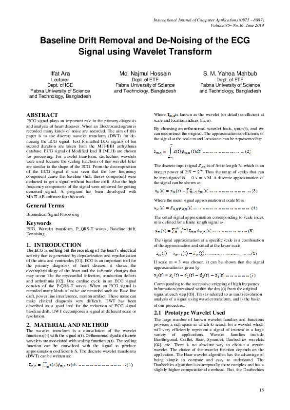 (PDF) Baseline Drift Removal and De-Noising of the ECG Signal using Wavelet Transform