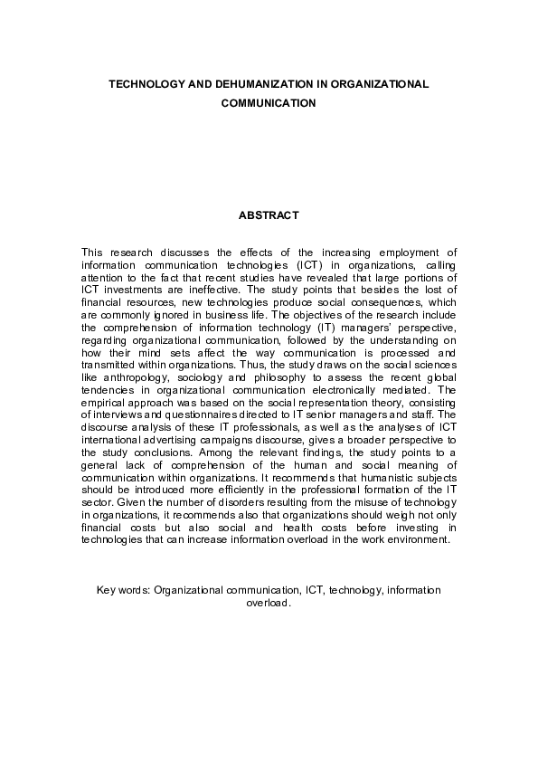 (PDF) TECHNOLOGY AND DEHUMANIZATION IN ORGANIZATIONAL COMMUNICATION