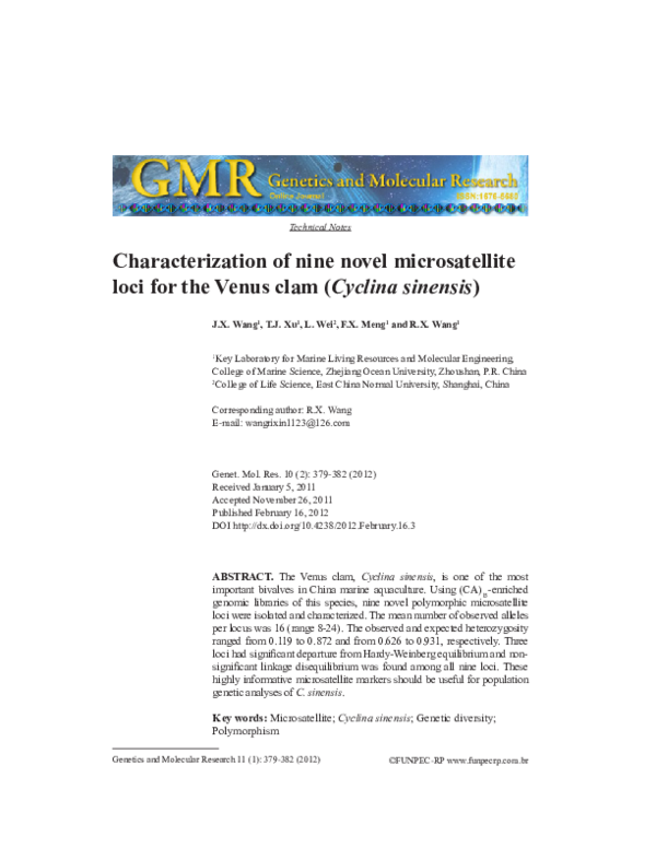 (PDF) Characterization of nine novel microsatellite loci for the Venus clam (Cyclina sinensis