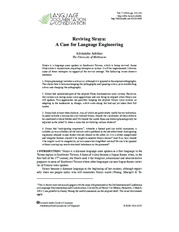 (PDF) Reviving Siraya: A Case for Language Engineering 2013 | Alexander ...