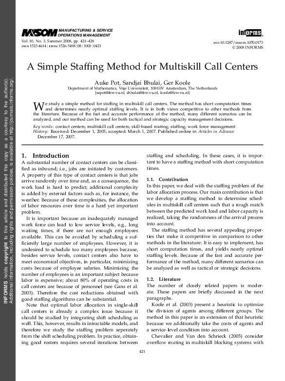 (PDF) A simple staffing method for multi-skill call centers
