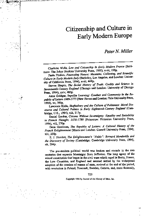 Citizenship and Culture in Early Modern Europe