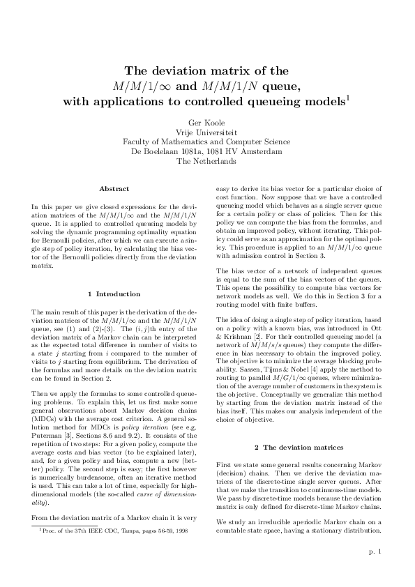 (PDF) The deviation matrix of the M/M/1/∞ and M/M/1/N queue, with ...