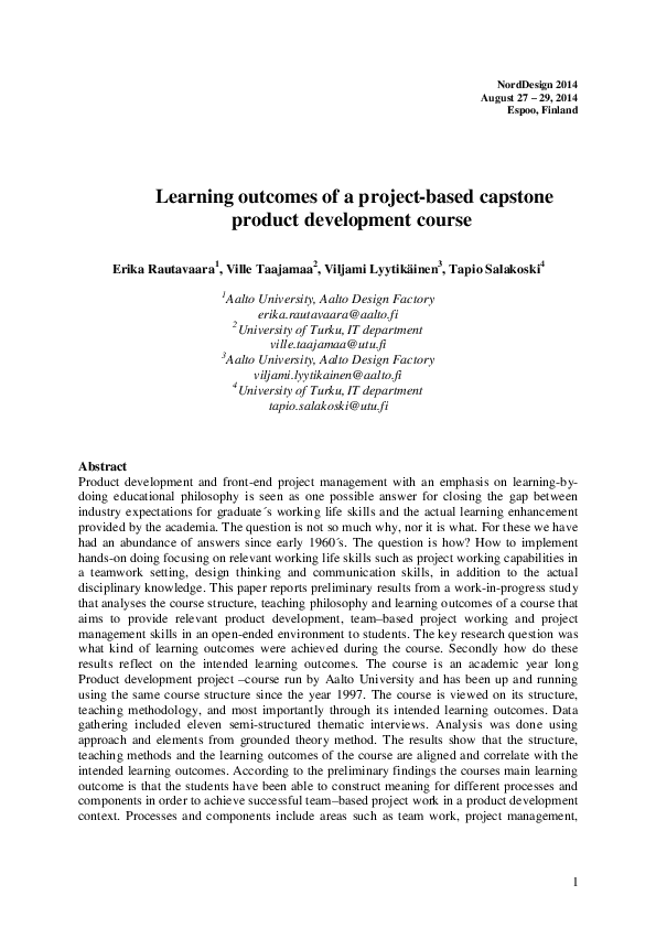 Learning outcomes of a project-based capstone product development course