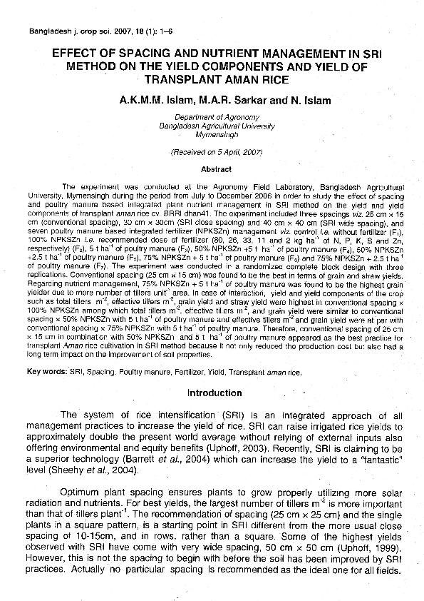 Pdf Effect Of Spacing And Nutrient Management In Sri Method On The Yield Components And Yield