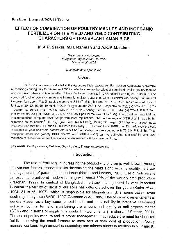 (PDF) Effect of combination of poultry manure and inorganic fertilizers on the yield and yield ...