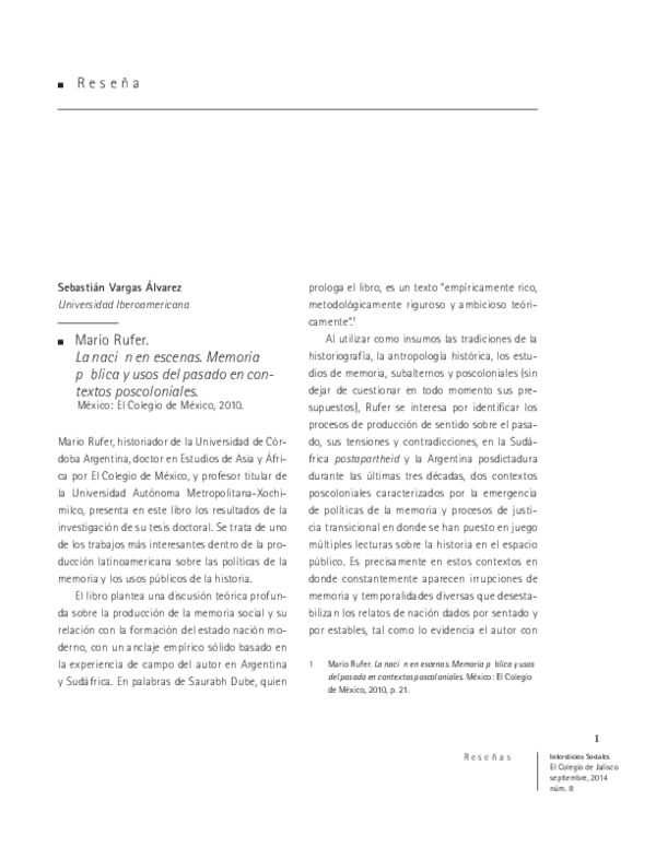 (PDF) Reseña "La nación en escenas. Memoria pública y usos del pasado ...