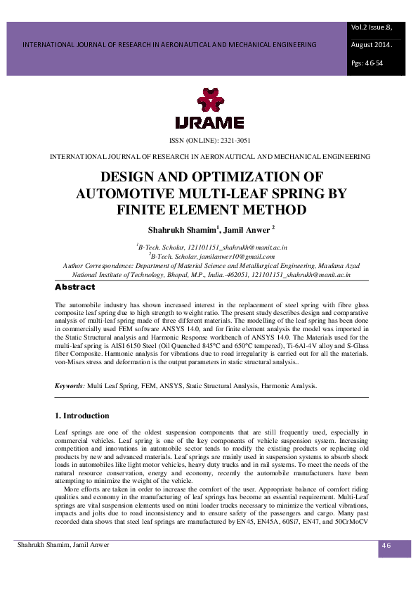 Pdf Design And Optimization Of Automotive Multi Leaf Spring By Finite Element Method