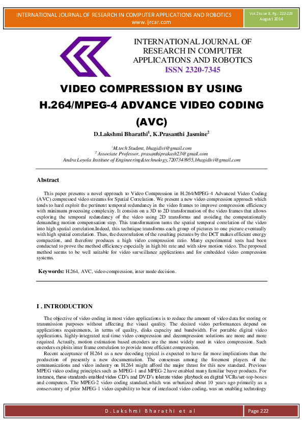 VIDEO COMPRESSION BY USING H.264/MPEG-4 ADVANCE VIDEO CODING (AVC)