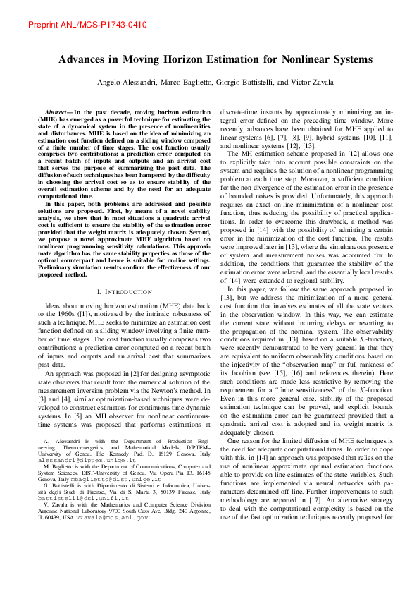 (PDF) Advances in moving horizon estimation for nonlinear systems