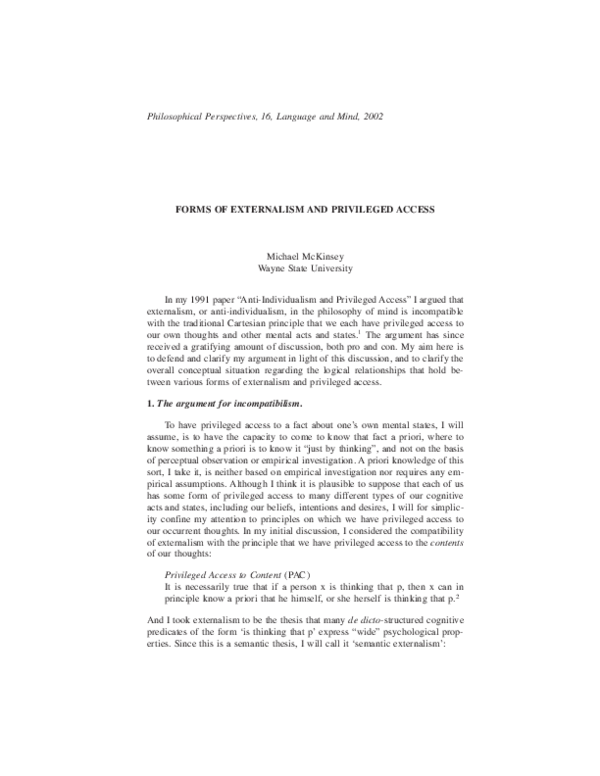 (PDF) Forms of Externalism and Privileged Access