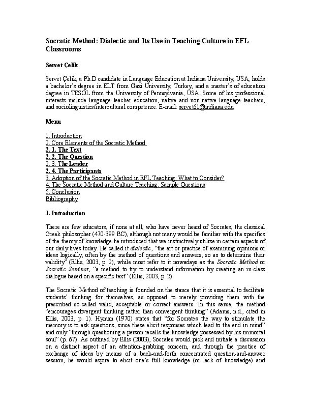 Çelik, S. (2007). Socratic Method: Dialectic and its use in teaching ...