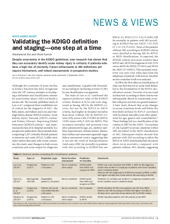(PDF) Acute kidney injury: Validating the KDIGO definition and staging ...