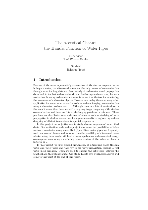 (PDF) The Acoustical Channel the Transfer Function of Water Pipes