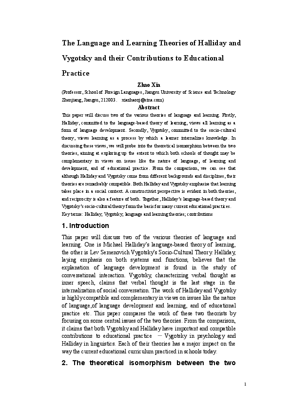(DOC) The Language and Learning Theories of Halliday and Vygotsky and ...