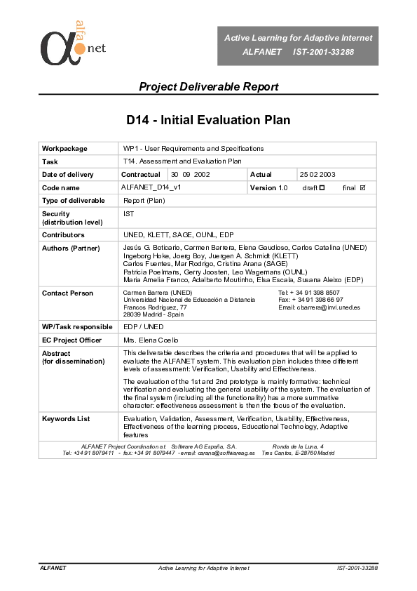 (PDF) Alfanet Deliverable D14-Initial Evaluation Plan