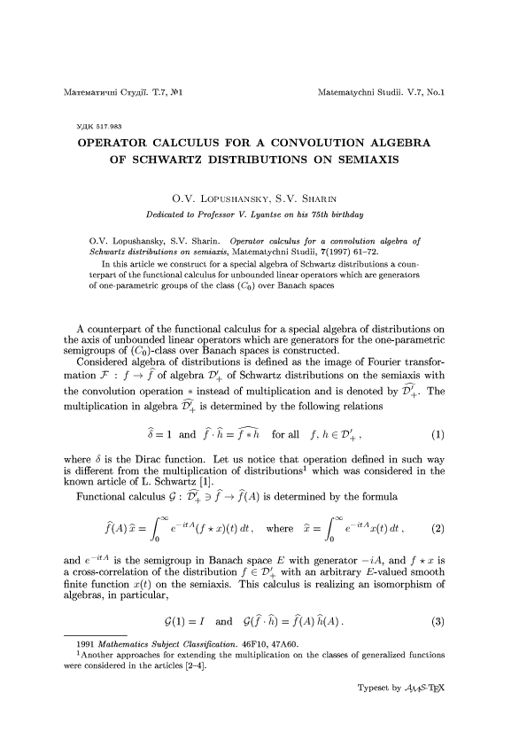 (PDF) Operator calculus for convolution algebra of Schwartz distribution on semiaxis