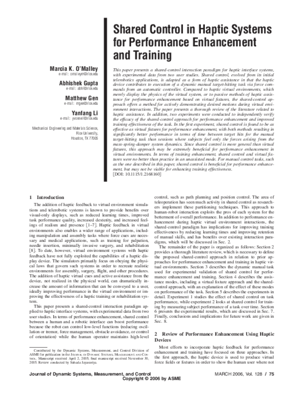 Pdf Shared Control In Haptic Systems For Performance Enhancement And