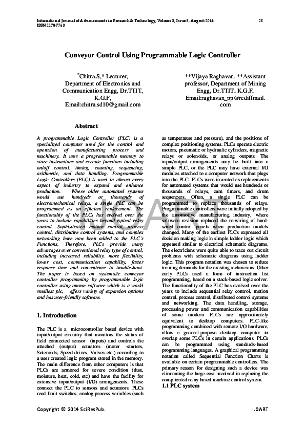 (PDF) Conveyor Control Using Programmable Logic Controller
