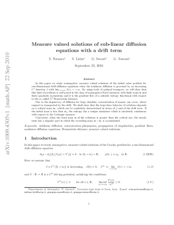 (PDF) Measure valued solutions of sub-linear diffusion equations with a drift term | Toscani ...