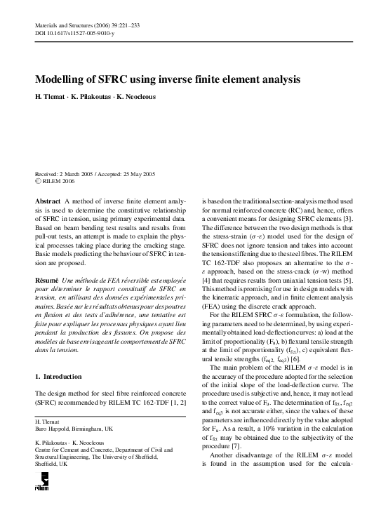 Pdf Modelling Of Sfrc Using Inverse Finite Element Analysis
