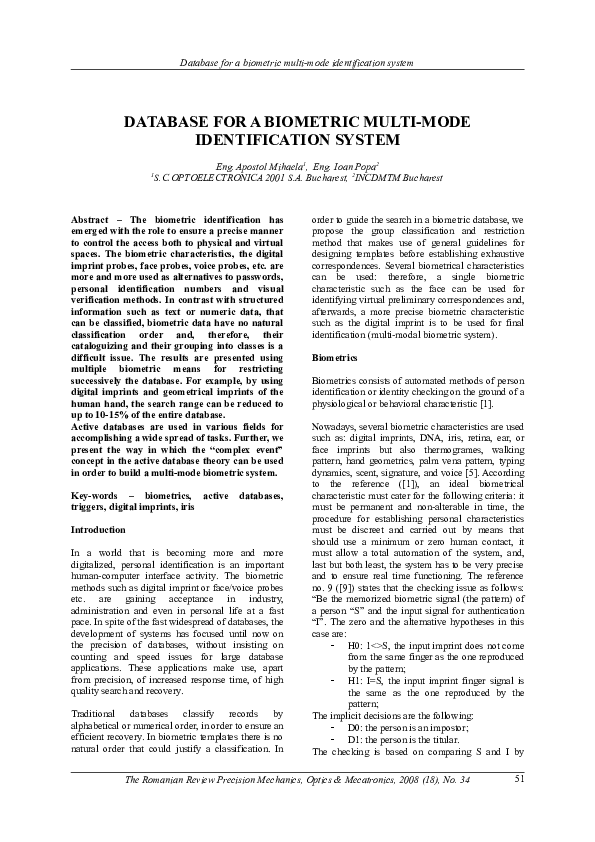 (DOC) DATABASE FOR A BIOMETRIC MULTI-MODE IDENTIFICATION SYSTEM
