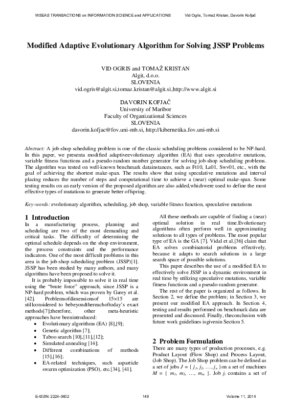 Pdf Modified Adaptive Evolutionary Algorithm For Solving Jssp Problems