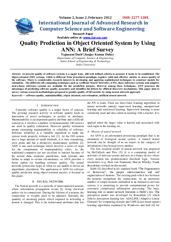(PDF) Quality Prediction in Object Oriented System by Using ANN: A Brief Survey