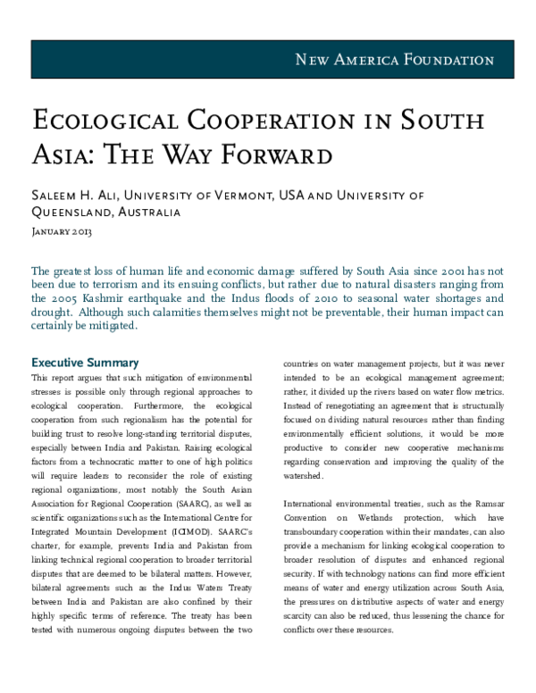 (PDF) Ecological Cooperation in South Asia: The Way Forward