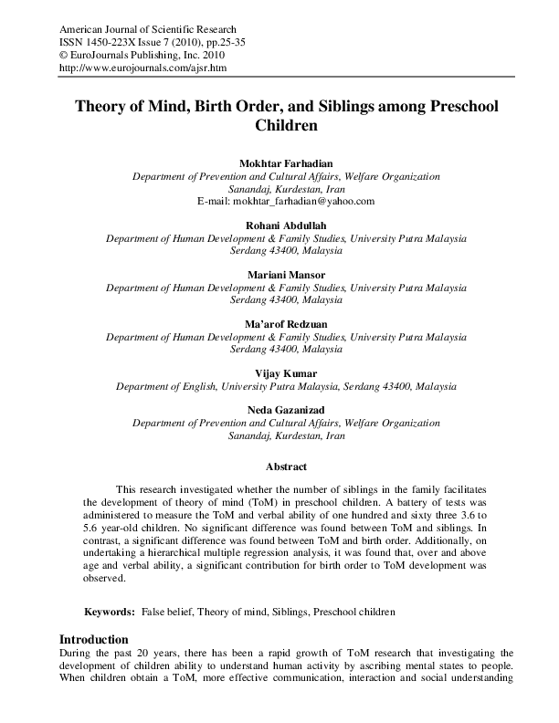 (PDF) Theory of Mind, Birth Order, and Siblings among Preschool Children