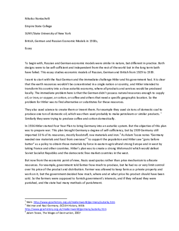 (DOC) British, German and Russian Economic Models in 1930s
