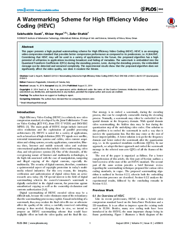 (PDF) A Watermarking Scheme for High Efficiency Video Coding (HEVC