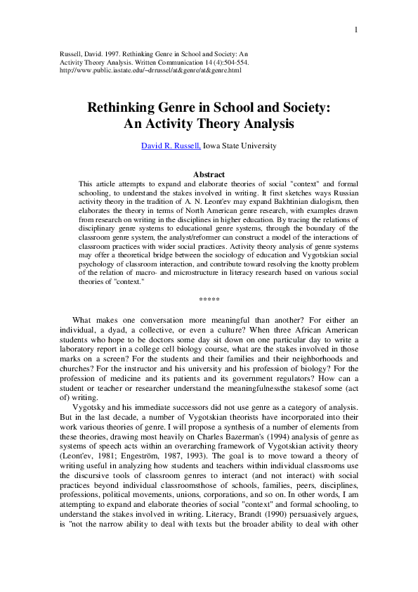 (PDF) Rethinking Genre In School and Society: An Activity Theory Analysis