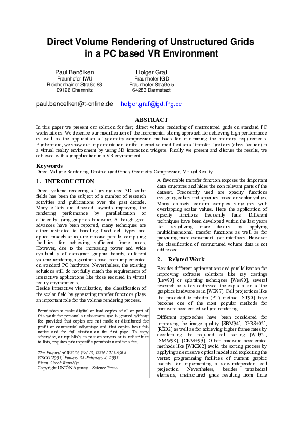 Pdf Direct Volume Rendering Unstructured Grids In A Pc Based Vr Environment