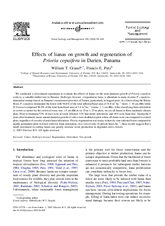 (PDF) Effects of lianas on growth and regeneration of Prioria copaifera ...