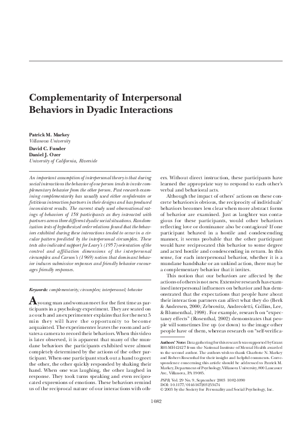 (PDF) Complementarity of interpersonal behaviors in dyadic interactions