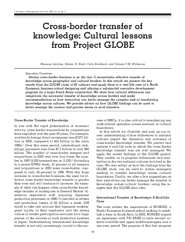 (PDF) Cross-border transfer of knowledge: Cultural lessons from Project ...