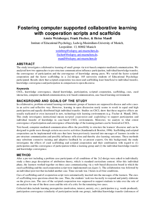(PDF) Fostering computer supported collaborative learning with cooperation scripts and scaffolds