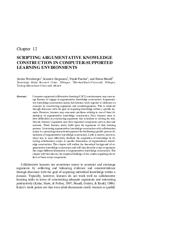 Pdf Scripting Argumentative Knowledge Construction In Computer Supported Learning Environments
