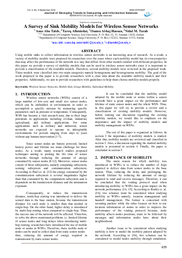 Pdf A Survey Of Sink Mobility Models For Wireless Sensor Networks