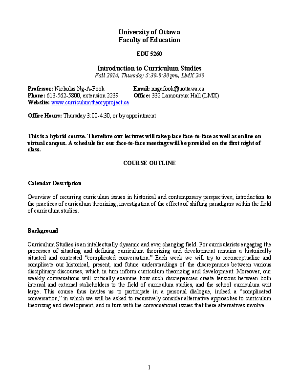 (PDF) Introduction to Curriculum Studies EDU 5260