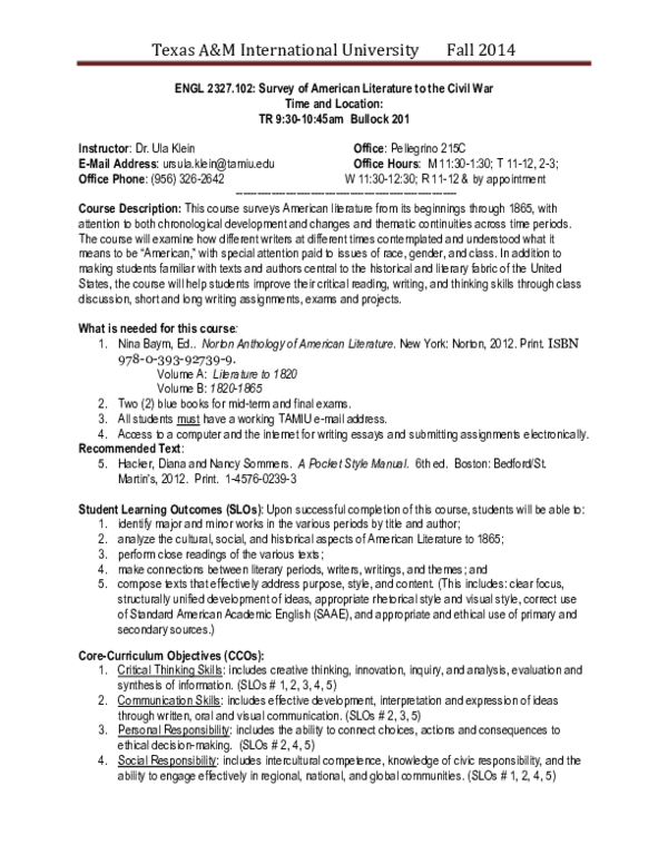 (DOC) Survey of American Literature Beginnings to 1865