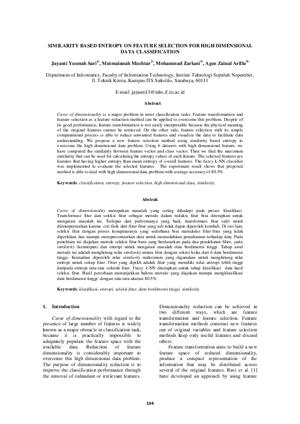Pdf Similarity Based Entropy On Feature Selection For High Dimensional Data Classification