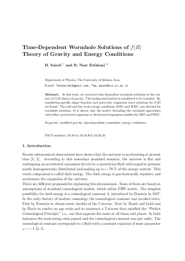 (PDF) TIME-DEPENDENT WORMHOLE SOLUTIONS OF f(R) THEORY OF GRAVITY AND ENERGY CONDITIONS