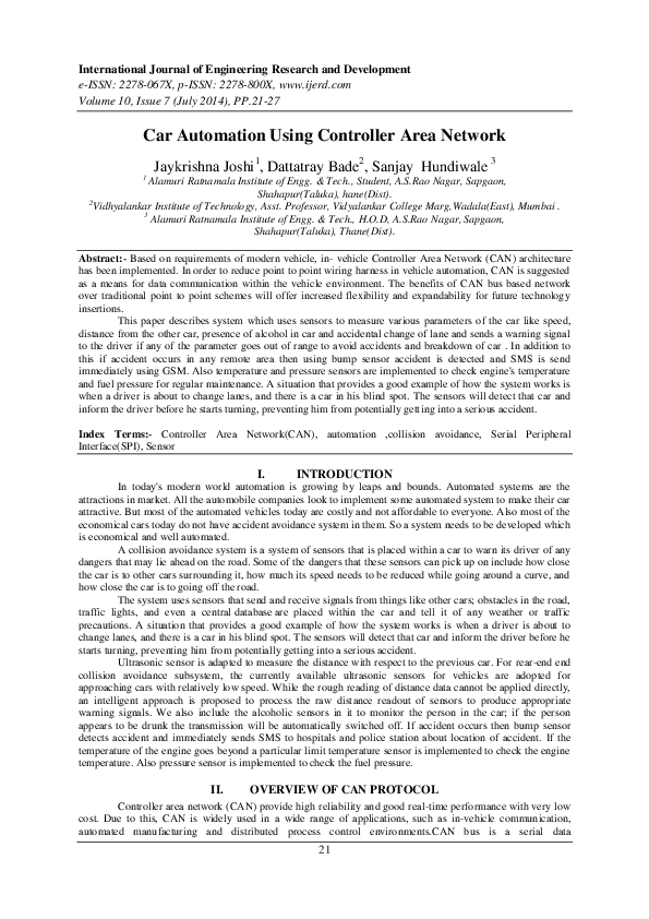 (PDF) Car Automation Using Controller Area Network