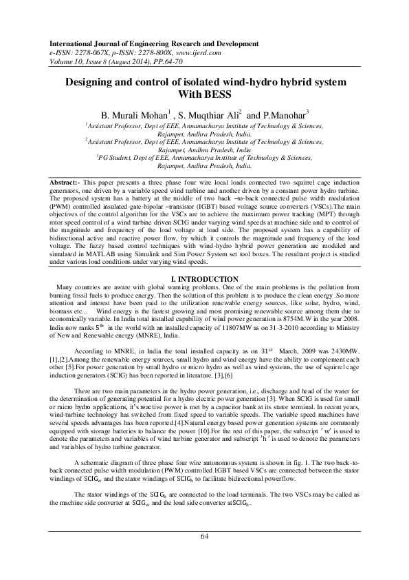(PDF) Designing and control of isolated wind-hydro hybrid system With BESS