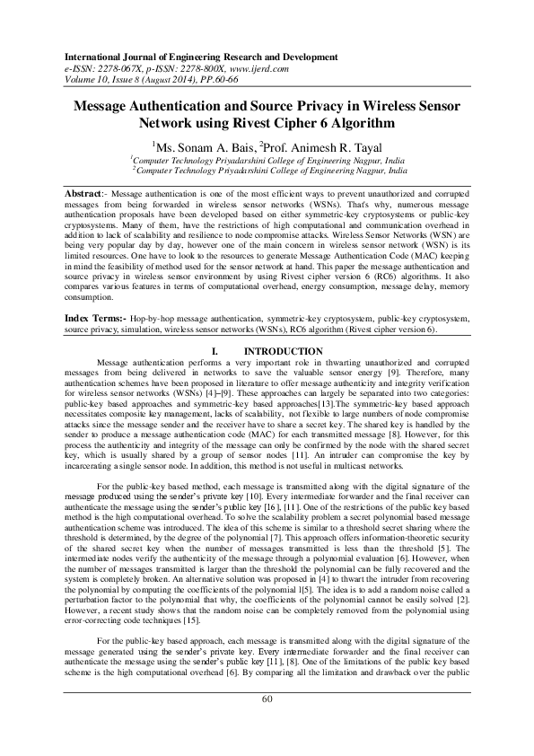 Pdf Message Authentication And Source Privacy In Wireless Sensor