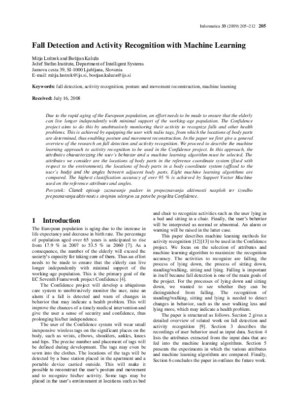 (PDF) Fall detection and activity recognition with machine learning